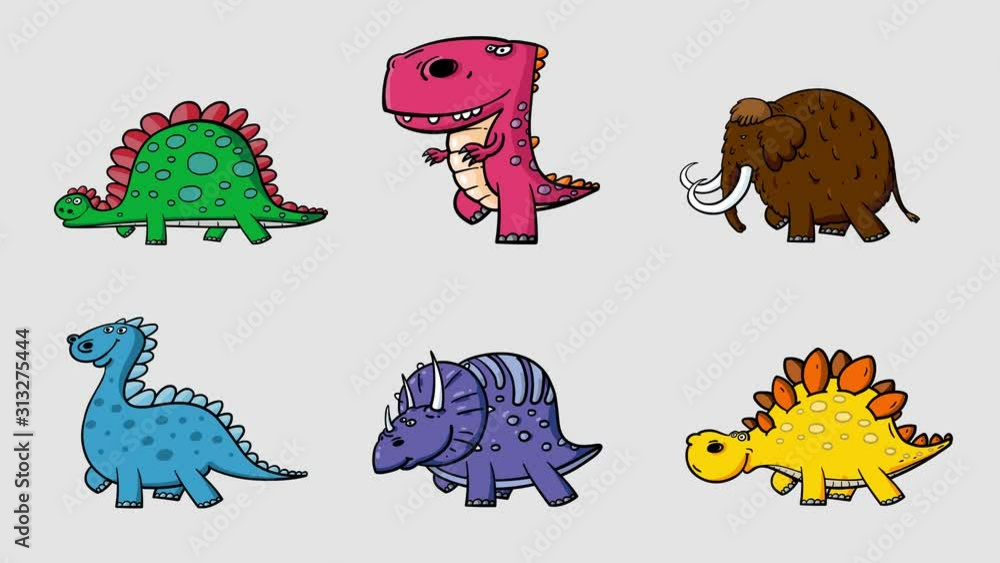 Cartoon five dinosaurs and mammoth walking cycle. Alpha matte included ...