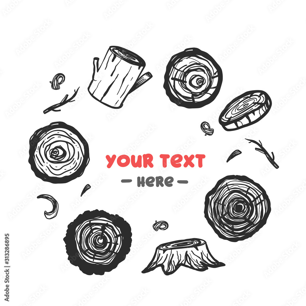 Wood log frame design in hand drawn style, isolated forest sketch ...