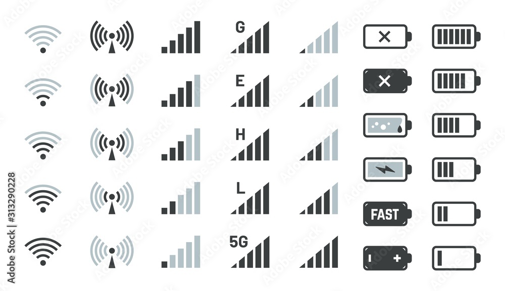 Battery and signal icons. Smartphone charge status, gsm and wifi signal strength. Vector phone ...