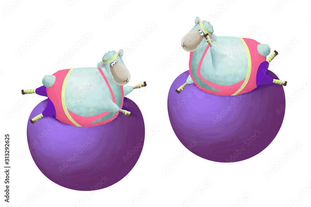 Aerobic 80th. Cute funny sheep posing with ball in retro sport dress ...