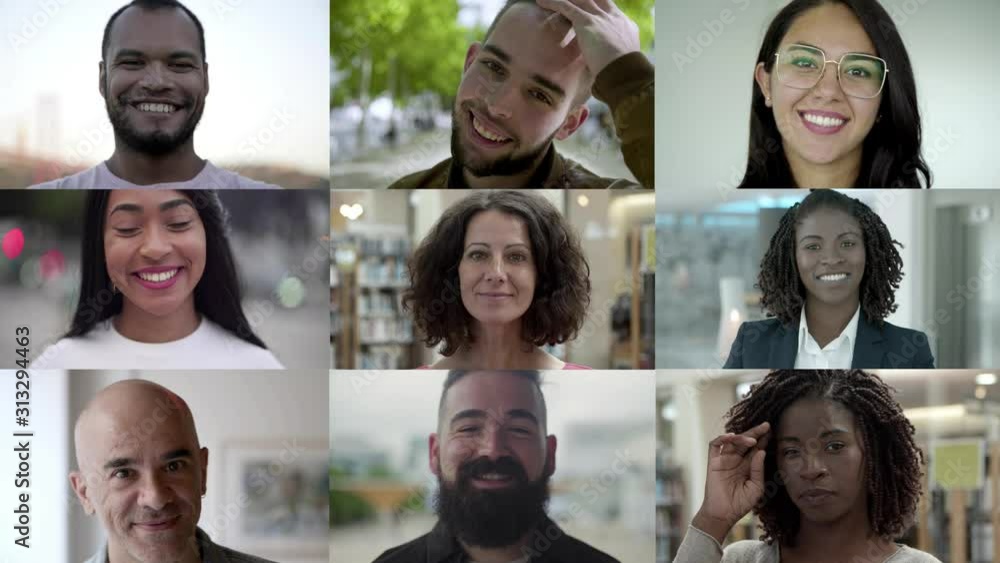 Cheerful diverse people looking at camera. Split screen collage of ...