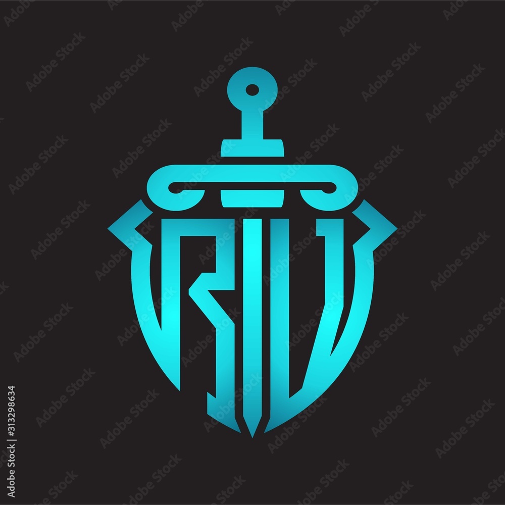 RV Logo monogram with sword and shield combination isolated blue colors ...