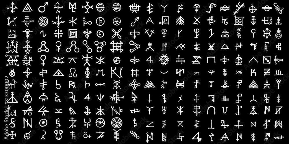 Big set of esoteric symbol design elements. Imaginary handwritten ...