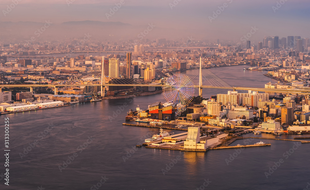Aerial view of the ferris wheel, Tempozan The Riverfront, near Osaka ...