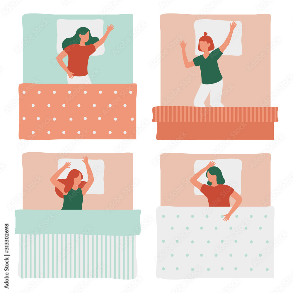 Women in bed. Sleeping woman in various posture, sleep positions, cute ...
