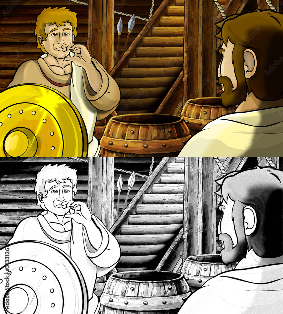 cartoon scene with roman or greek ancient character inside wooden ship ...