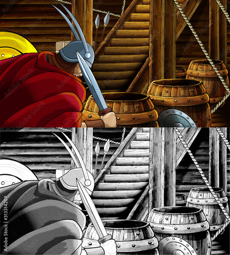 cartoon scene with roman or greek ancient character inside wooden ship ...