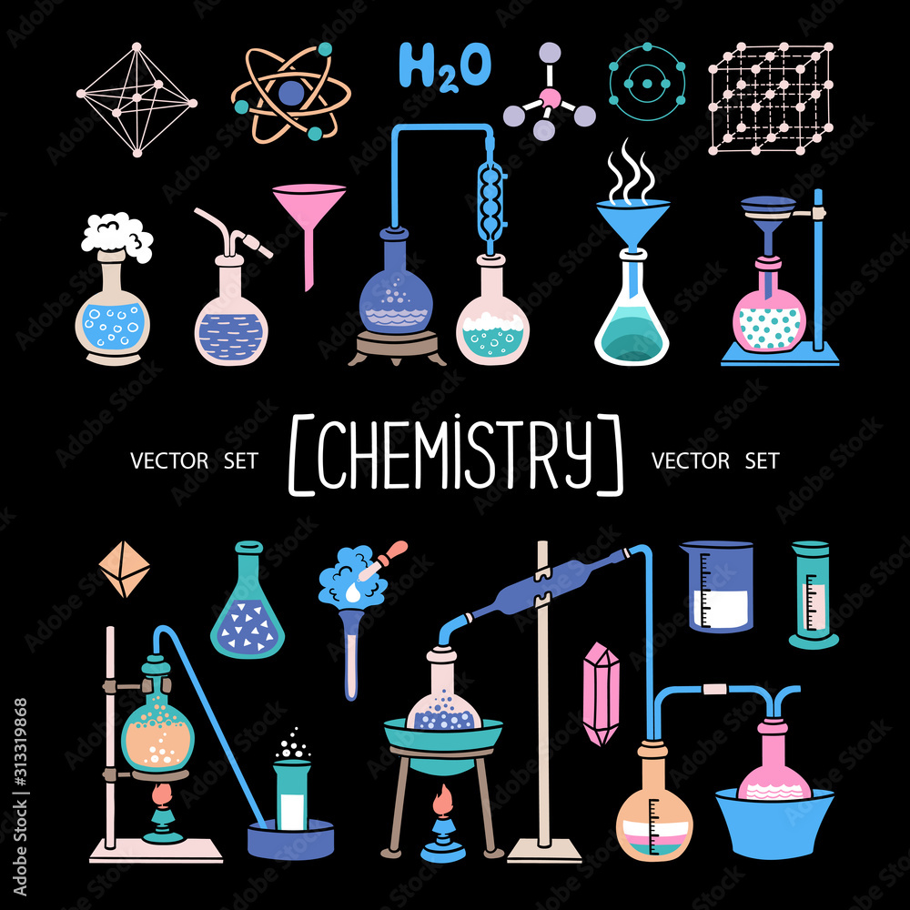 Vector set with isolated flat doodles on the theme of chemistry ...