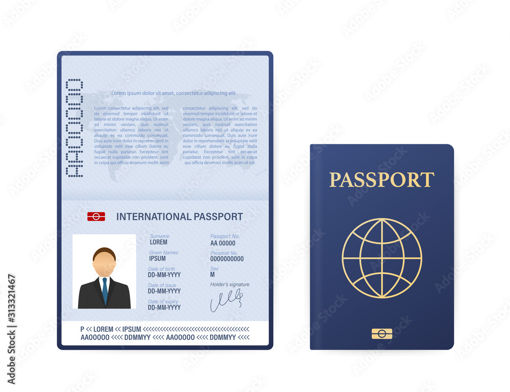 Blank open passport template. International passport with sample ...