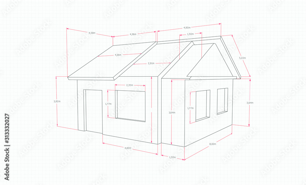 Technical drawing of a house in section with red pointers, on a ...