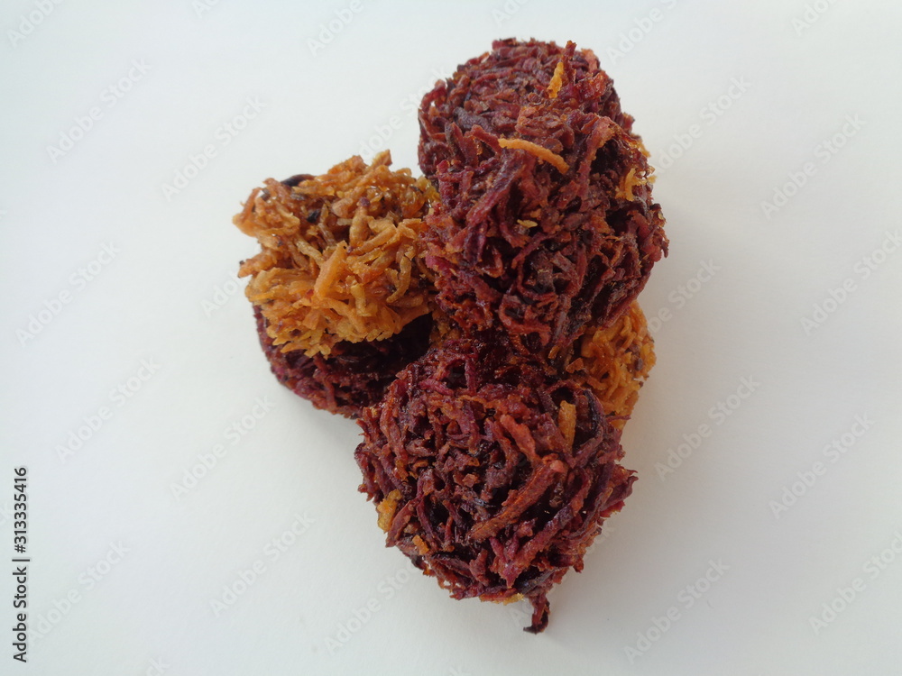 Close up view of jajanan snack food cake kue Carang Mas Emas or Sarang ...