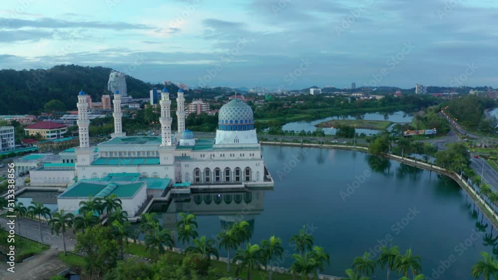 4K aerial footage of beautiful floating mosque Likas Mosque (Masjid ...