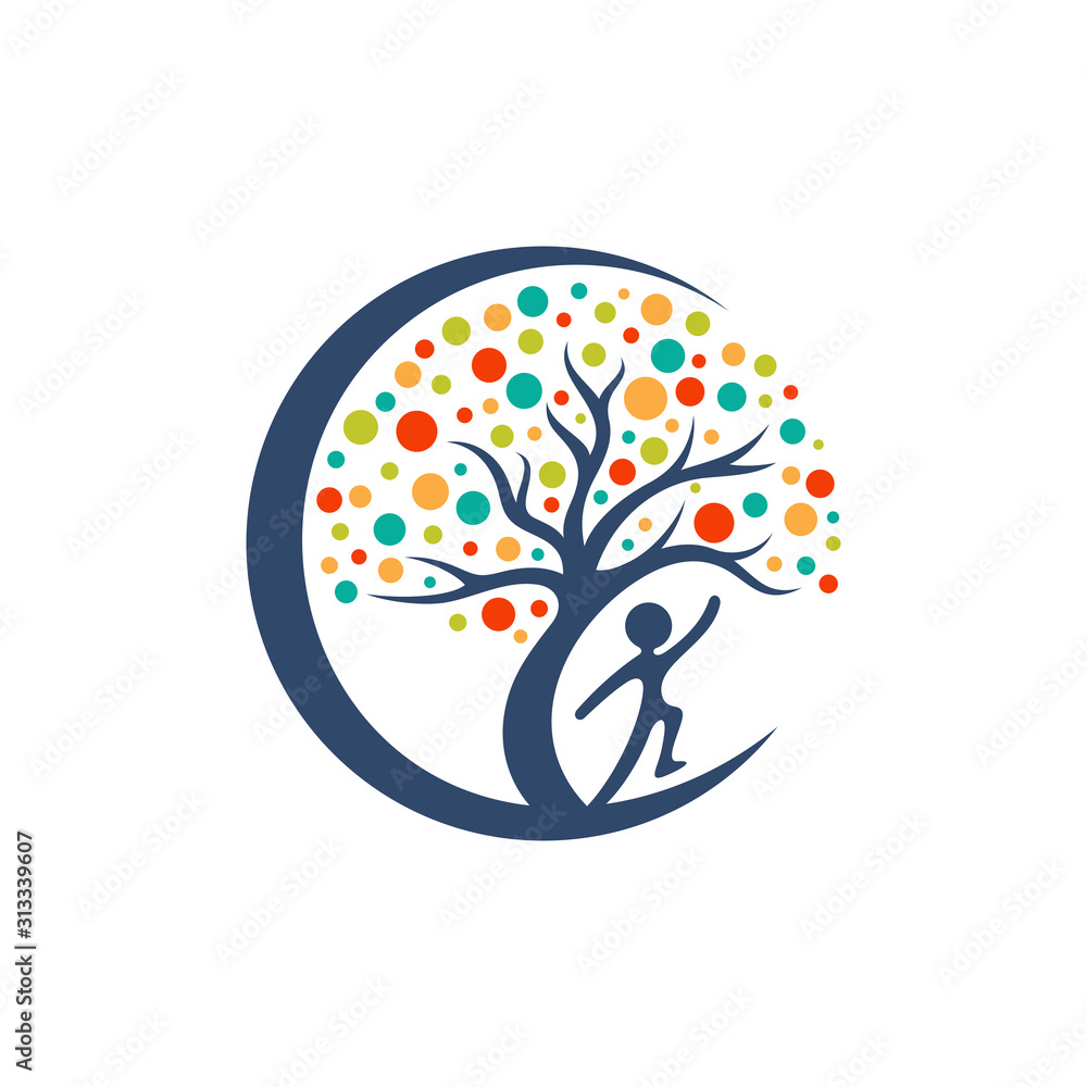Abstract tree children logo template. Playful kid with colorful tree ...
