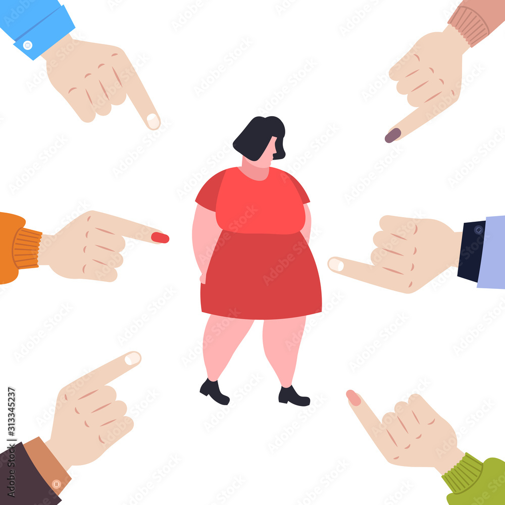 depressed overweight woman being bullied surrounded by fingers pointing ...