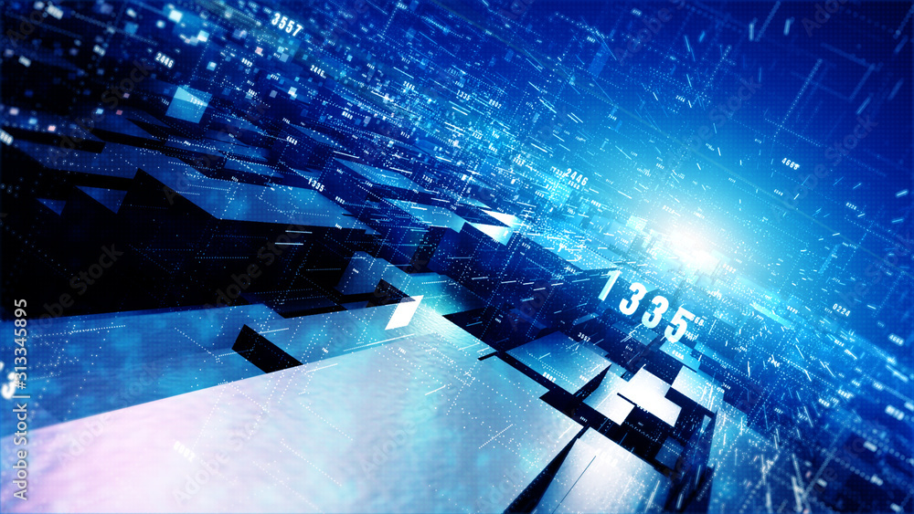 Digital cyberspace geometric background with particles and digital data ...