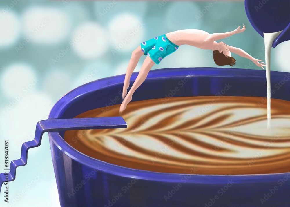 Surreal scene man jumping to a cup of coffee , freedom concept Stock ...