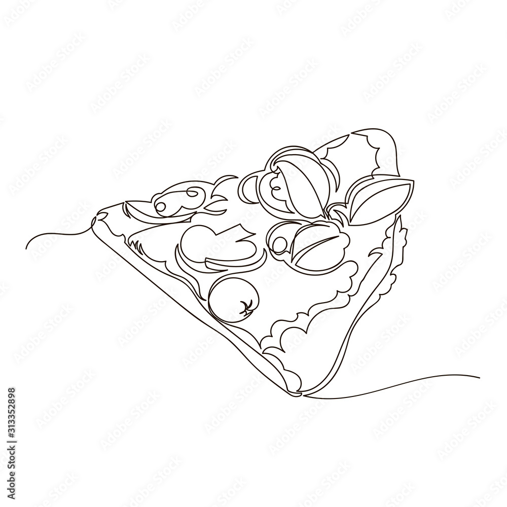 pizza. vector outline image of a slice of pizza with Basil. one line ...