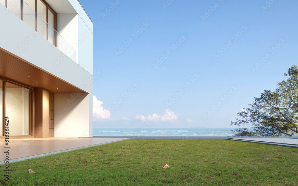 Perspective of modern luxury building with wood terrace and grass field ...