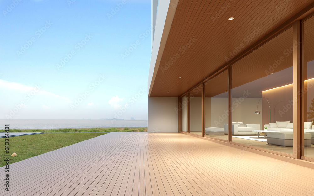Perspective of modern luxury building with wood terrace and grass field ...