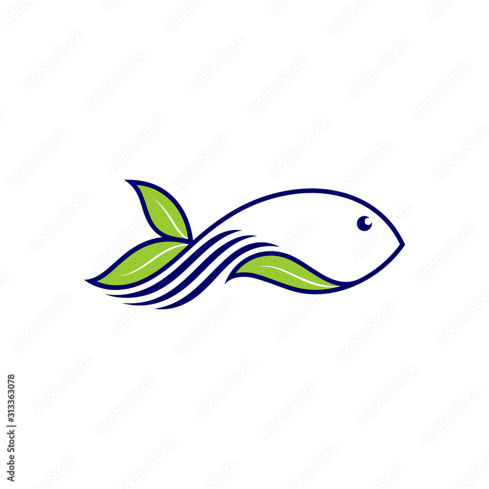 Fish leaf logo design. Fishing line art logo style. Animal and nature ...