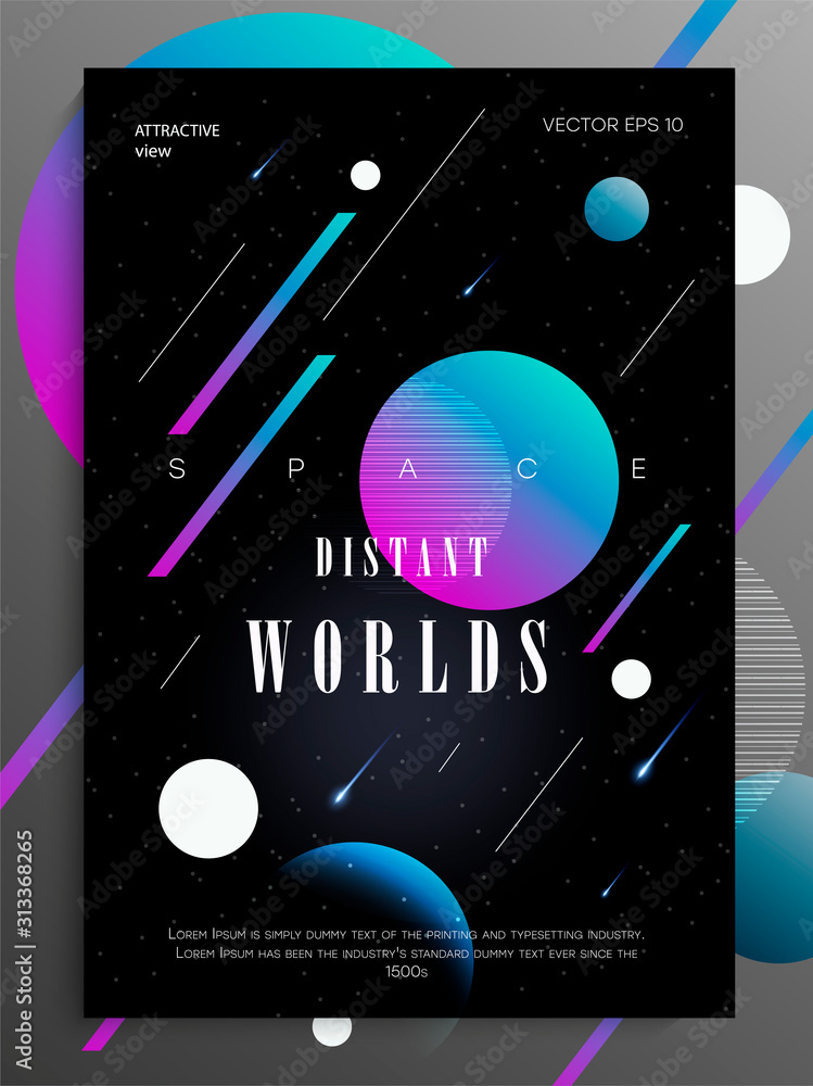 Abstract space vector illustration. Bright gradients, planets, meteors ...