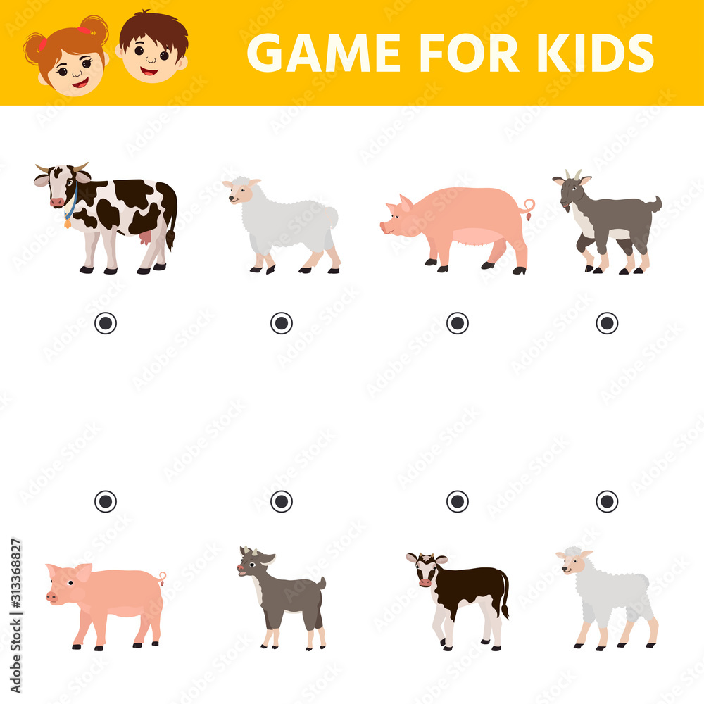 Game for children. Find the way from the animal mom to young. Goat, Cow ...