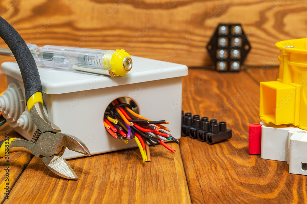 Electrical junction boxs with cables wire and tool used in the electric ...