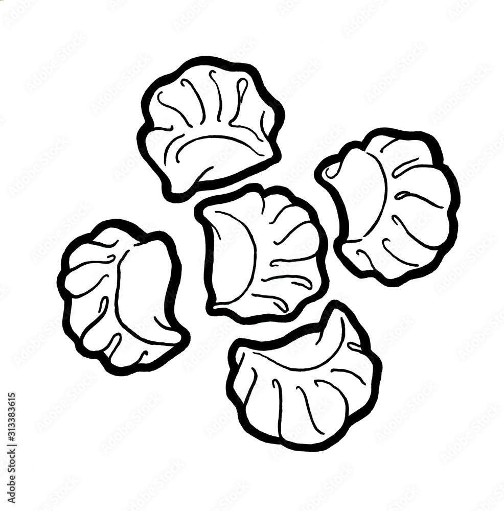 Dim sum. Black and white linear graphic. Ink hand drawing. Asian food ...