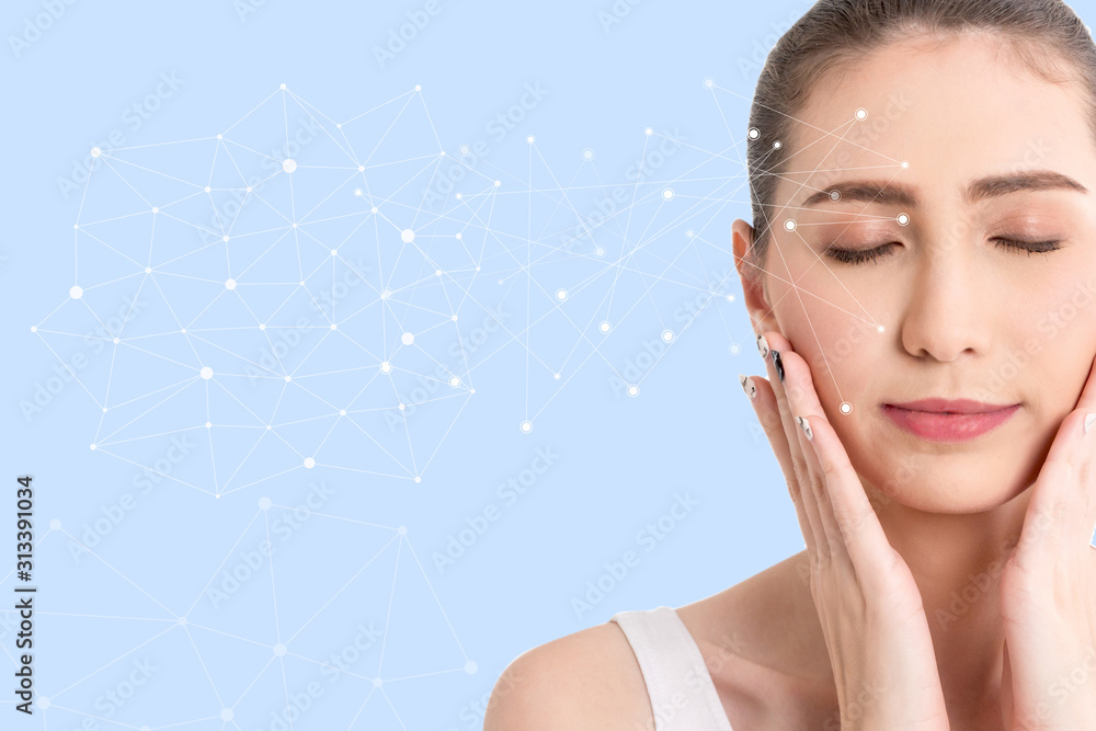Beautiful woman beauty health care.beauty and spa with face tracking ...