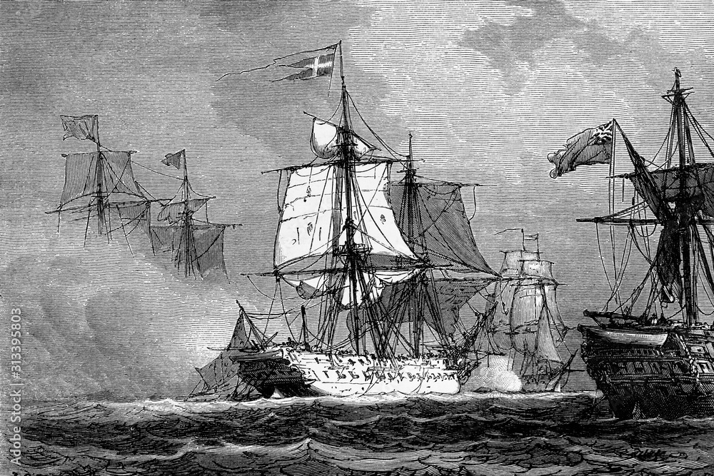 Capture of the Danish frigate Freya by six English ships. 1800. Antique ...