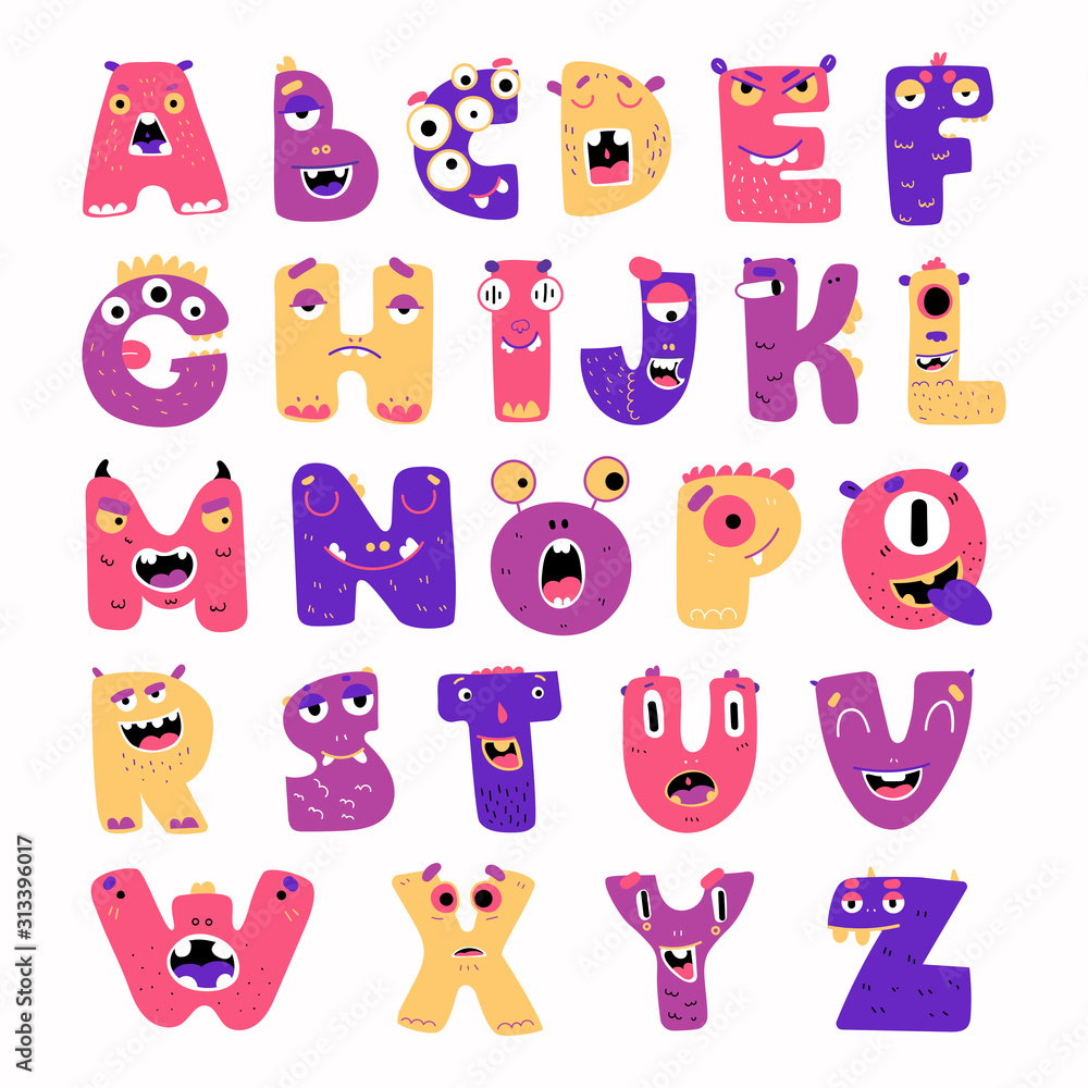 English alphabet with funny monsters. All elements are isolated. Eps 10 ...