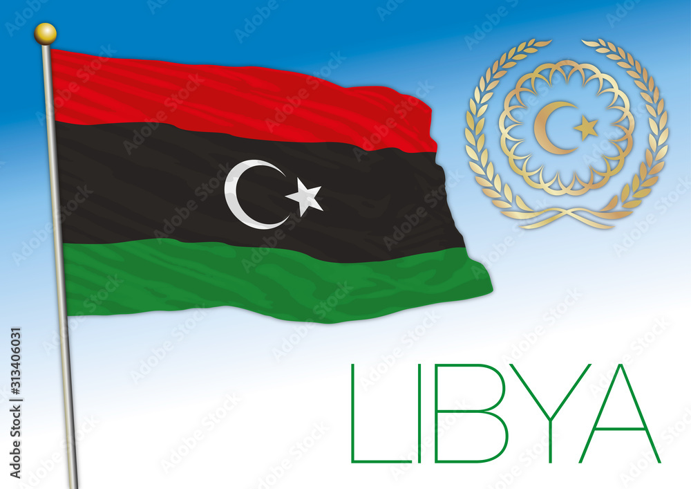 Libya official flag and coat of arms, african country, vector ...