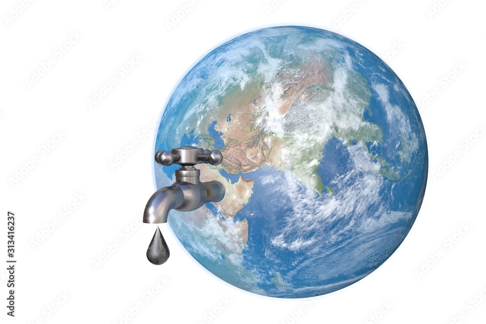 3d illustration: Environmental concept: a steel faucet is connected to ...