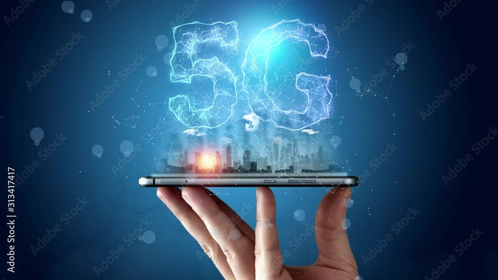 Animated 5G logo on a blue particles background, in a male hand a phone ...