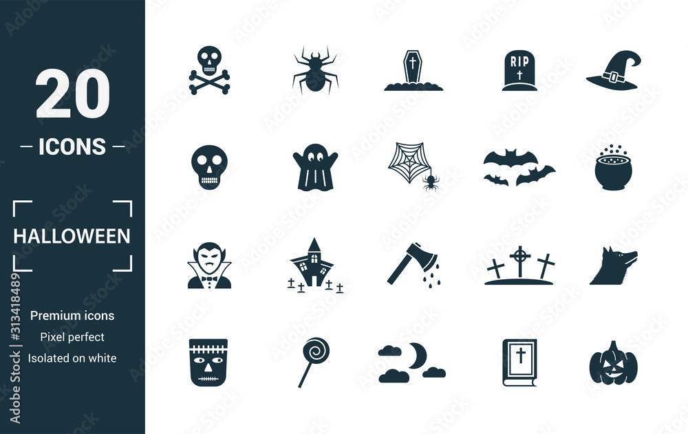 Halloween icon set. Include creative elements skeleton, coffin, skull ...