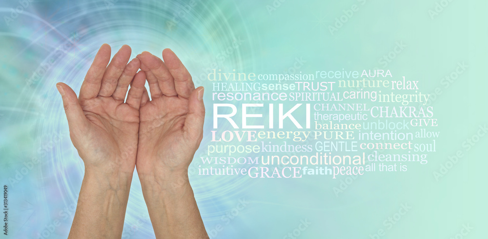 Gentle Healing Hands Reiki Word Cloud -open palm hands beside a REIKI ...