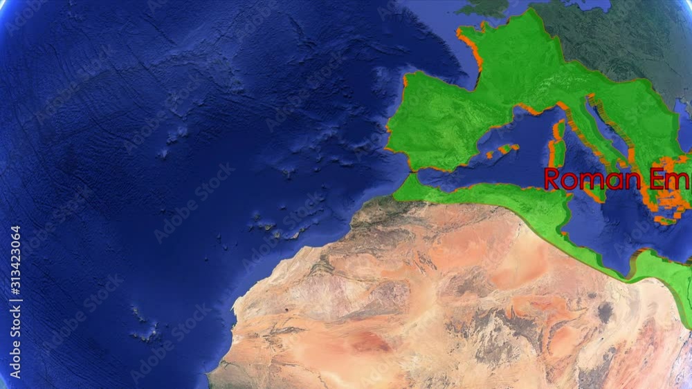 Roman Empire boundaries. Imperial on 3D rotating old historic world map ...