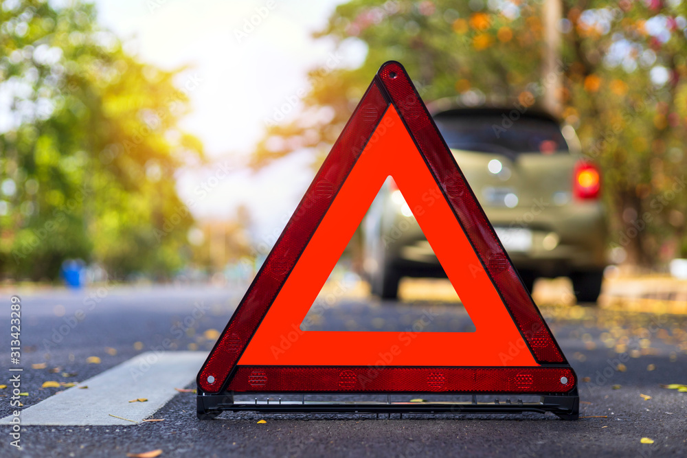 Red triangle, red emergency stop sign, red emergency symbol and car ...
