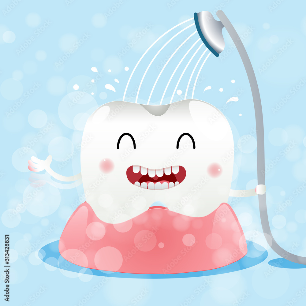 Cute cartoon with happy tooth character oral dental hygiene, taking a ...
