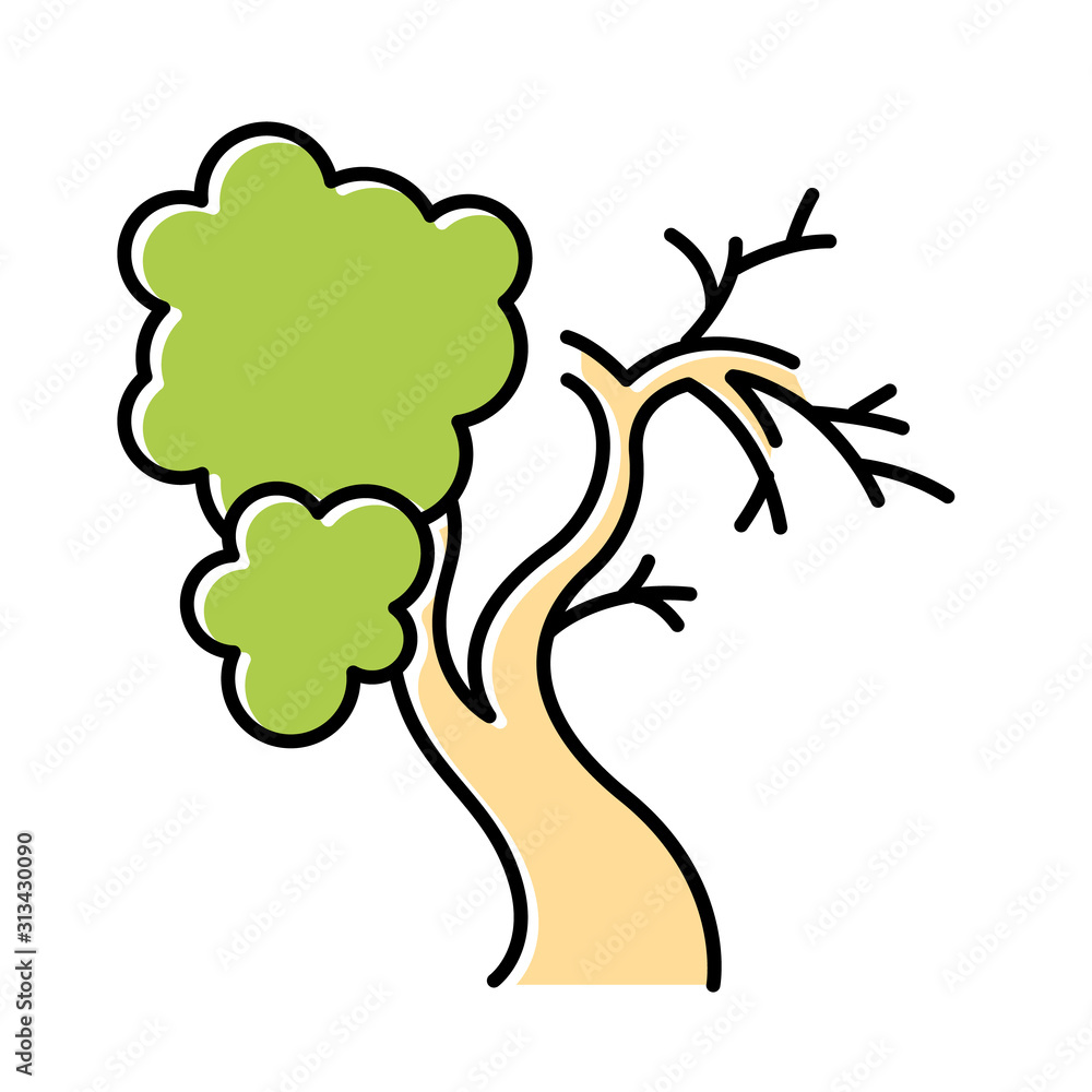Fig tree color icon. Old half dead tree. Healthy leaved part and dying ...