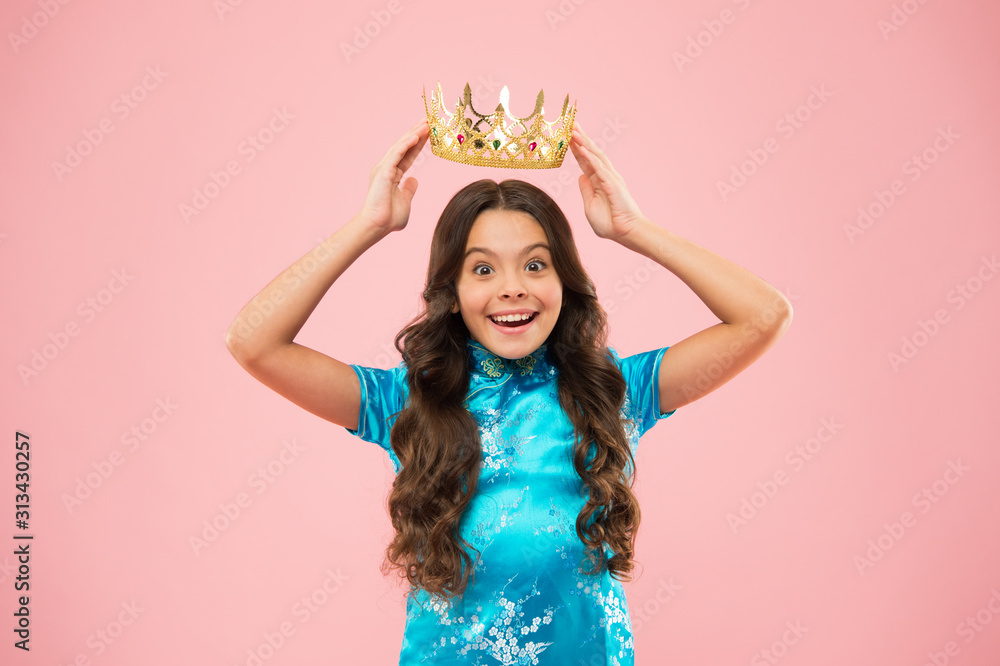International beauty contest. Kid wear golden crown symbol of princess ...