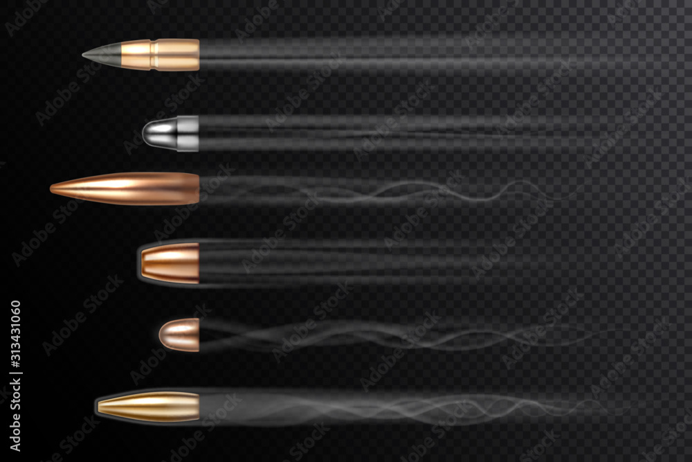 Flying bullets with shot fire smoke tails, vector realistic isolated on transparent background ...