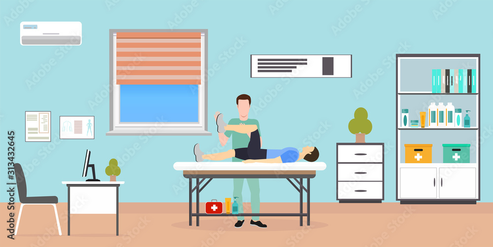 Vector of a man patient laying on the table being examined by doctor ...