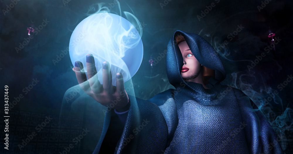 Witch raise hand for cast a black magic spell in the dark room which ...