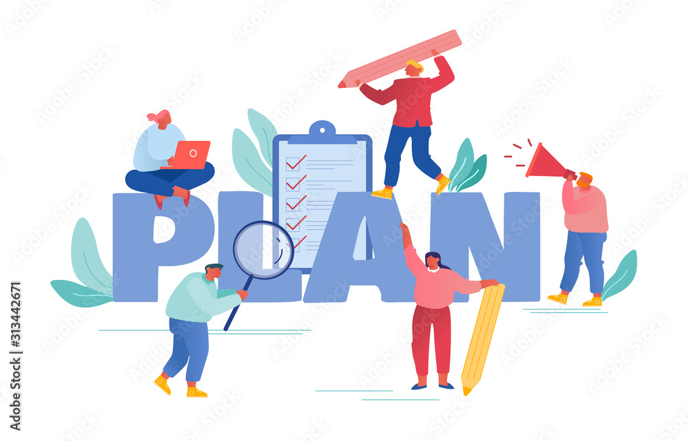Plan Concept. Businesspeople Holding Office Stationery Magnifying Glass ...