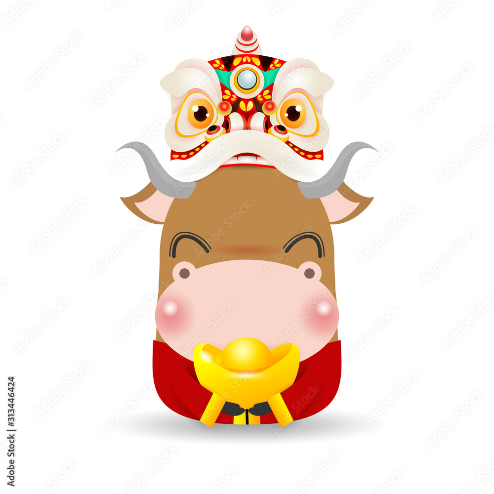 Little ox with Lion Dance Head holding Chinese gold, Happy Chinese new ...