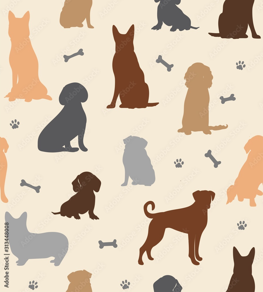 Seamless repeat pattern with silhouettes of dogs of different breeds ...