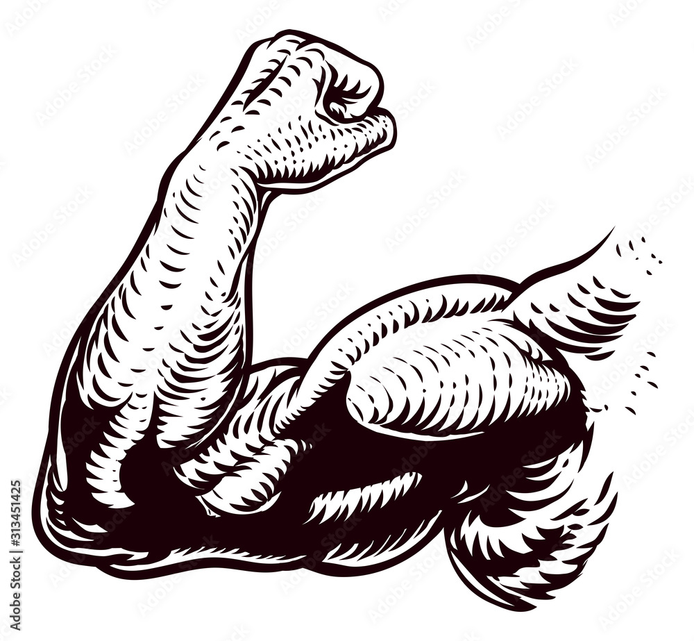 An illustration of a strong arm showing muscle in a vintage retro ...