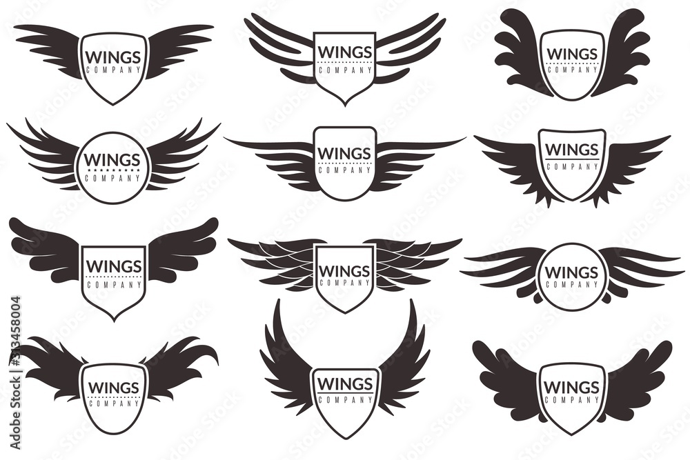 Wings logo. Winged emblems, angel and phoenix wings heraldic symbols ...