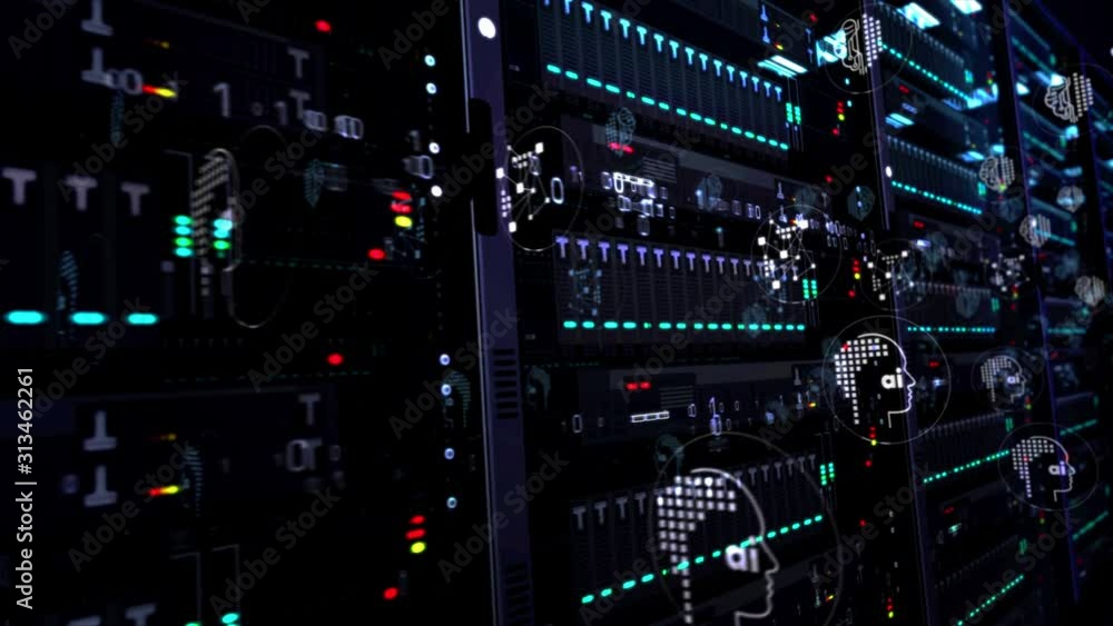 Modern servers room with symbols of artificial intelligence, neural ...